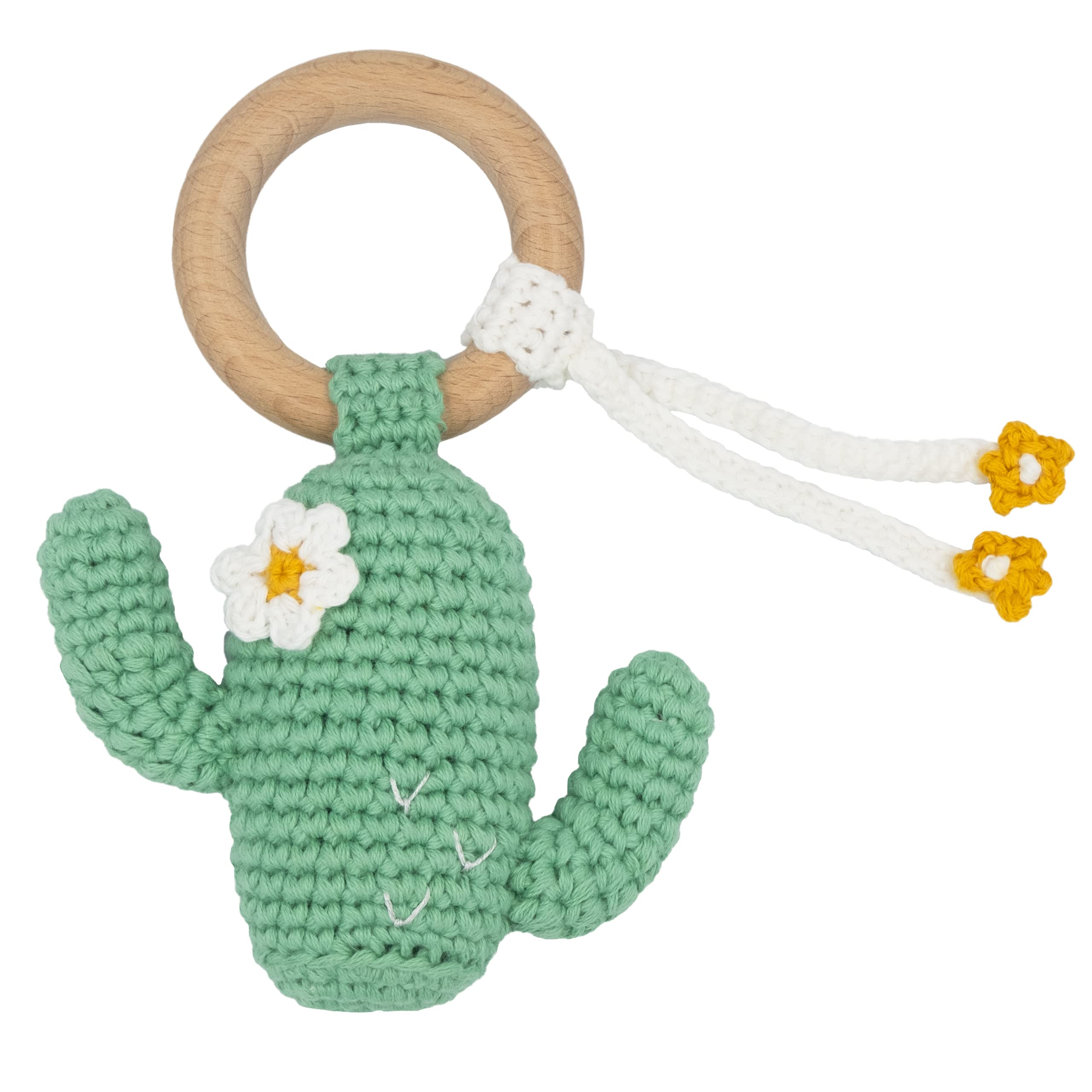 Joliecraft All Adorables Wooden Baby Rattle Crochet Hanging Toy with Teether Ring for Infants 0 3 6 9 12 Months, Cactus
