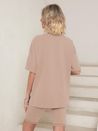 Glamaker Women 2 Piece Outfit sets Casual Oversized T-Shirt Tops Biker Shorts Workout Sport s Tracksuit Khaki Medium