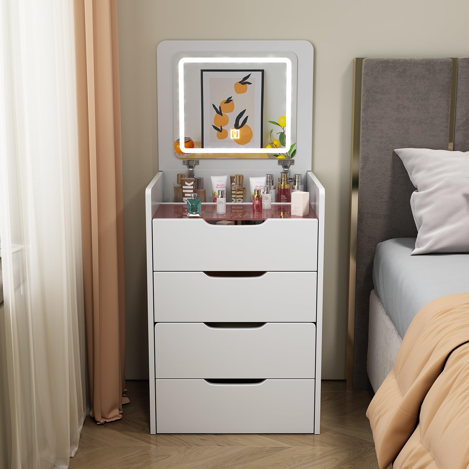 KissAir 3-in-1 Makeup Vanity Desk, Small Vanity Desk with Flip Top Mirror and Cushioned Stool, Dressing Table with 3 Drawers, Compact Vanity Set for Small Space (White)
