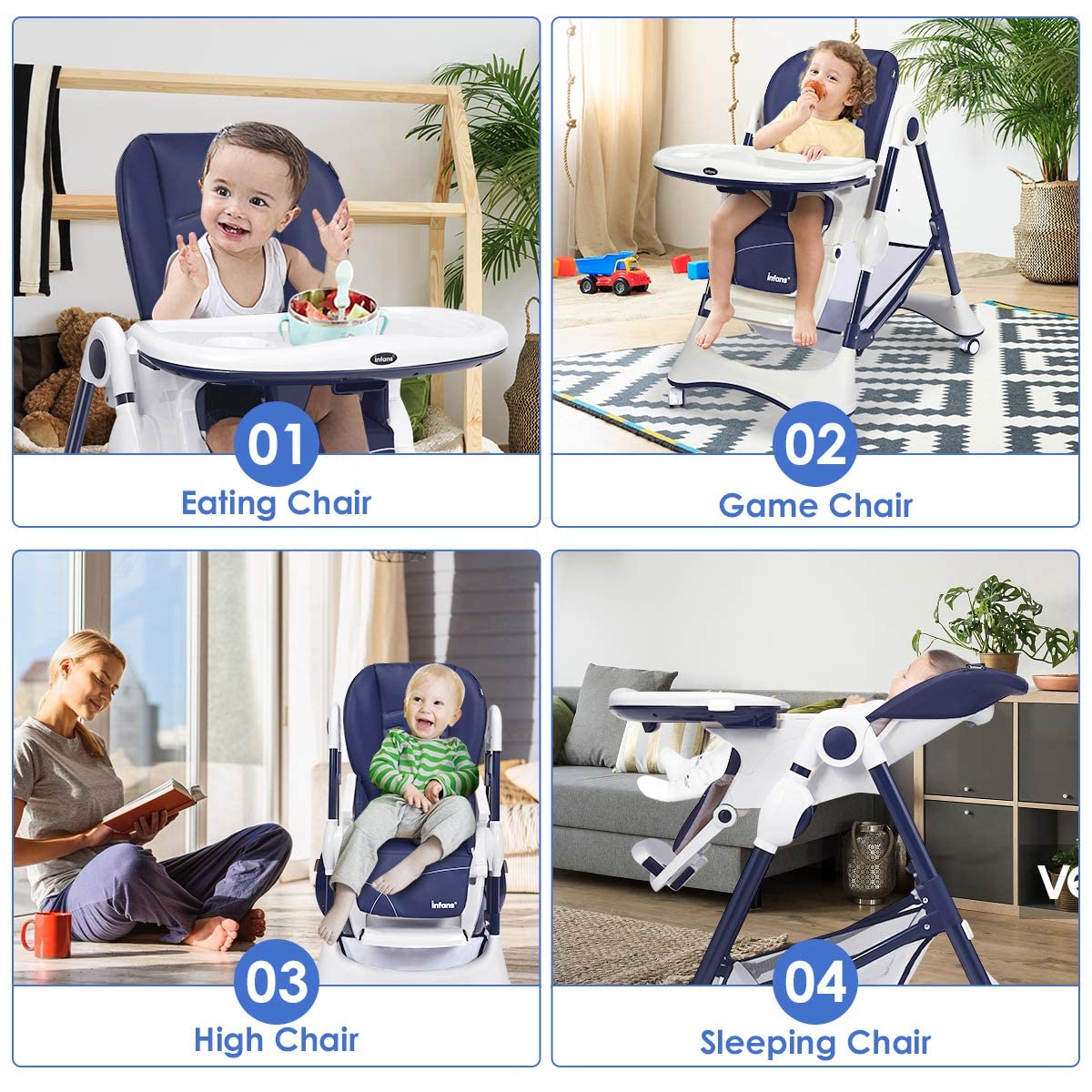 INFANS High Chair with One-Hand Removable Tray, 4 Lockable Wheels & Large Storage Basket - Multi-Adjustable Height, Recline & Footrest, Removable Cushion, Foldable for Baby, Infant& Toddler (Navy)