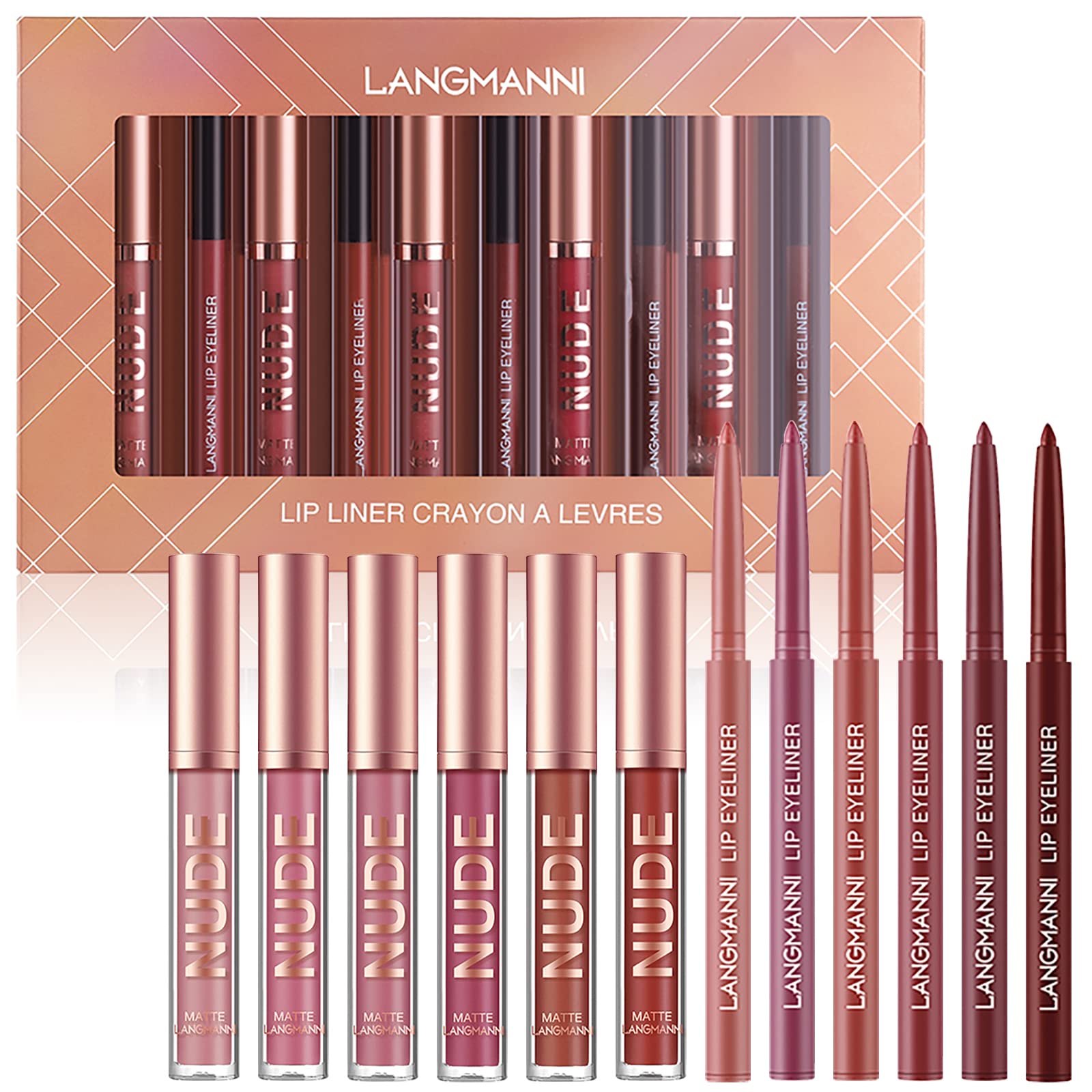KIMIEYE 6Pcs Lip Liner + Matte Liquid Lipstick Set, Super Long Lasting Waterproof Non-Stick Cup Velvety Nude lipstick Kit, High Pigmented Lip Makeup Gift Set for Women (6PCS,Set A)