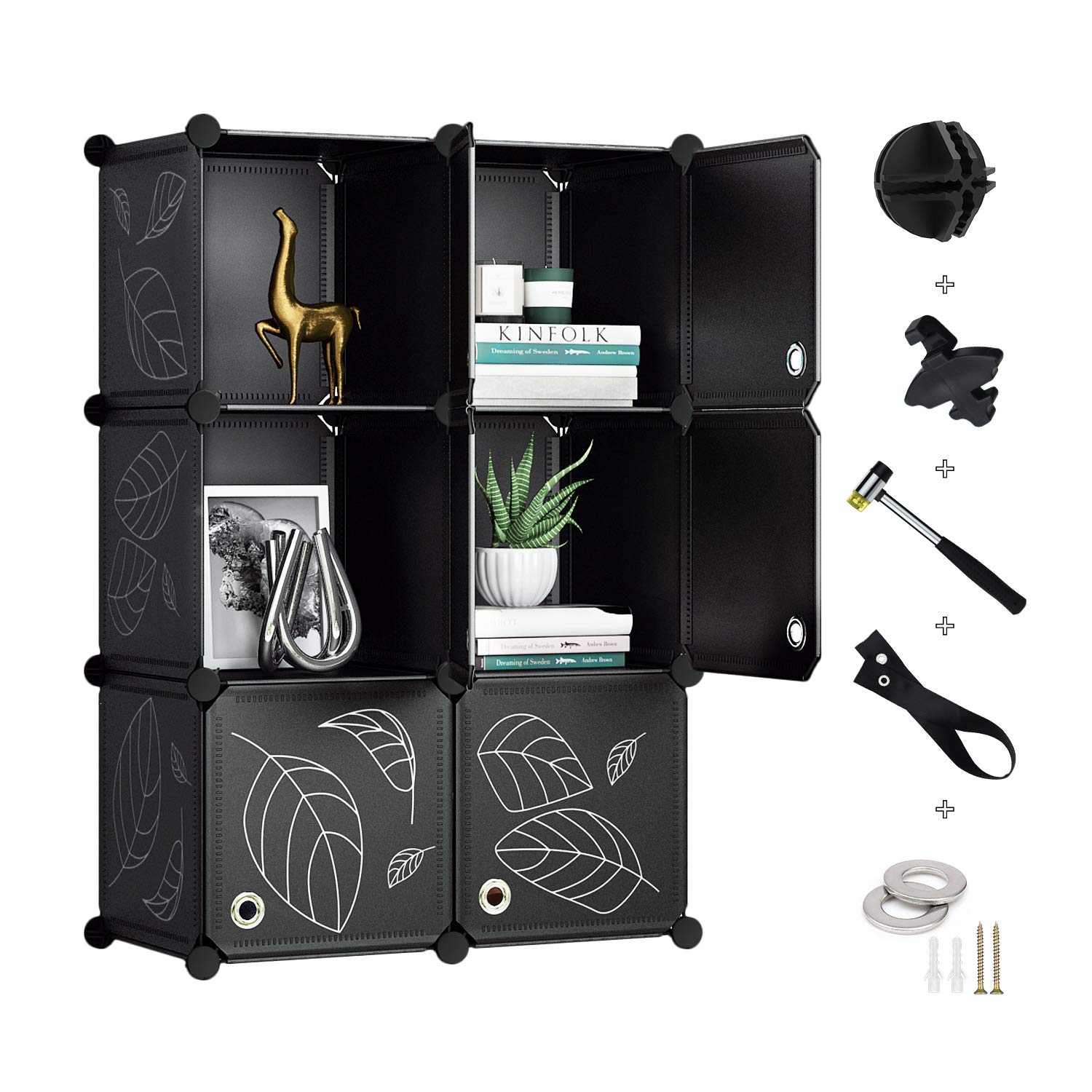 GREENSTELL Cube Storage Organizer, 6-Cube Closet Organizer with Doors, DIY Plastic Storage Cubes Organizer, Modular Storage Cabinet Book Shelf Shelving for Bedroom, Living Room, Office Black