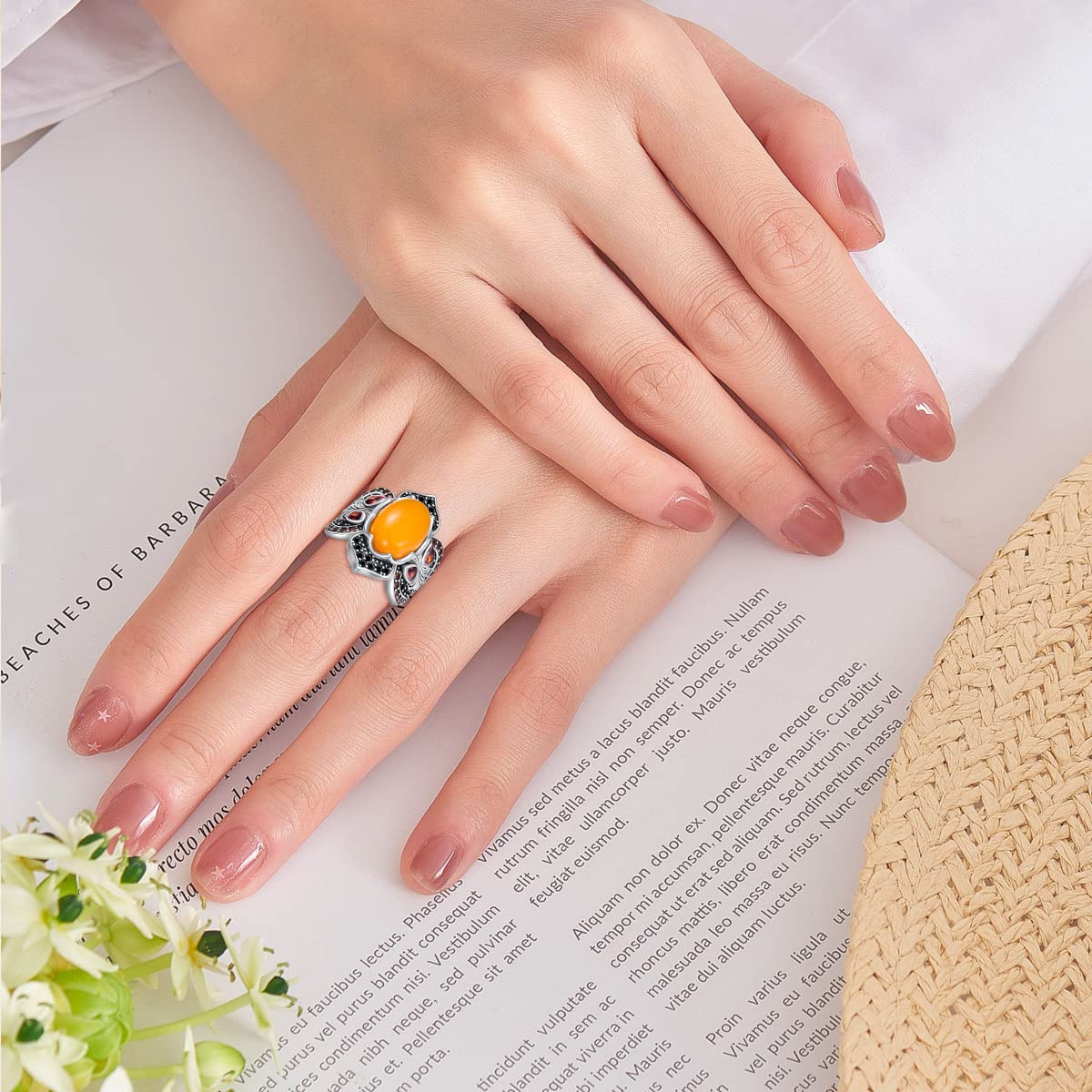 KOUROU Vintage Amber Ring 925 Sterling Silver Ring Adjustable Rings (size6-8)