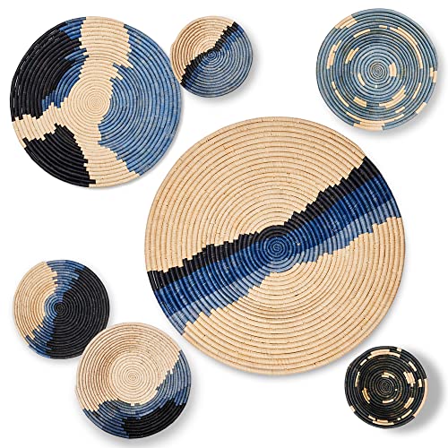 KAZI Decorative Baskets, Wall & Home Decor, Fruit Bowl and Storage Basket, Artisan-made with Raffia, Eco-friendly by African Artisans, Set of 7 (Coastal Blues - Grand Wall Statement Set)
