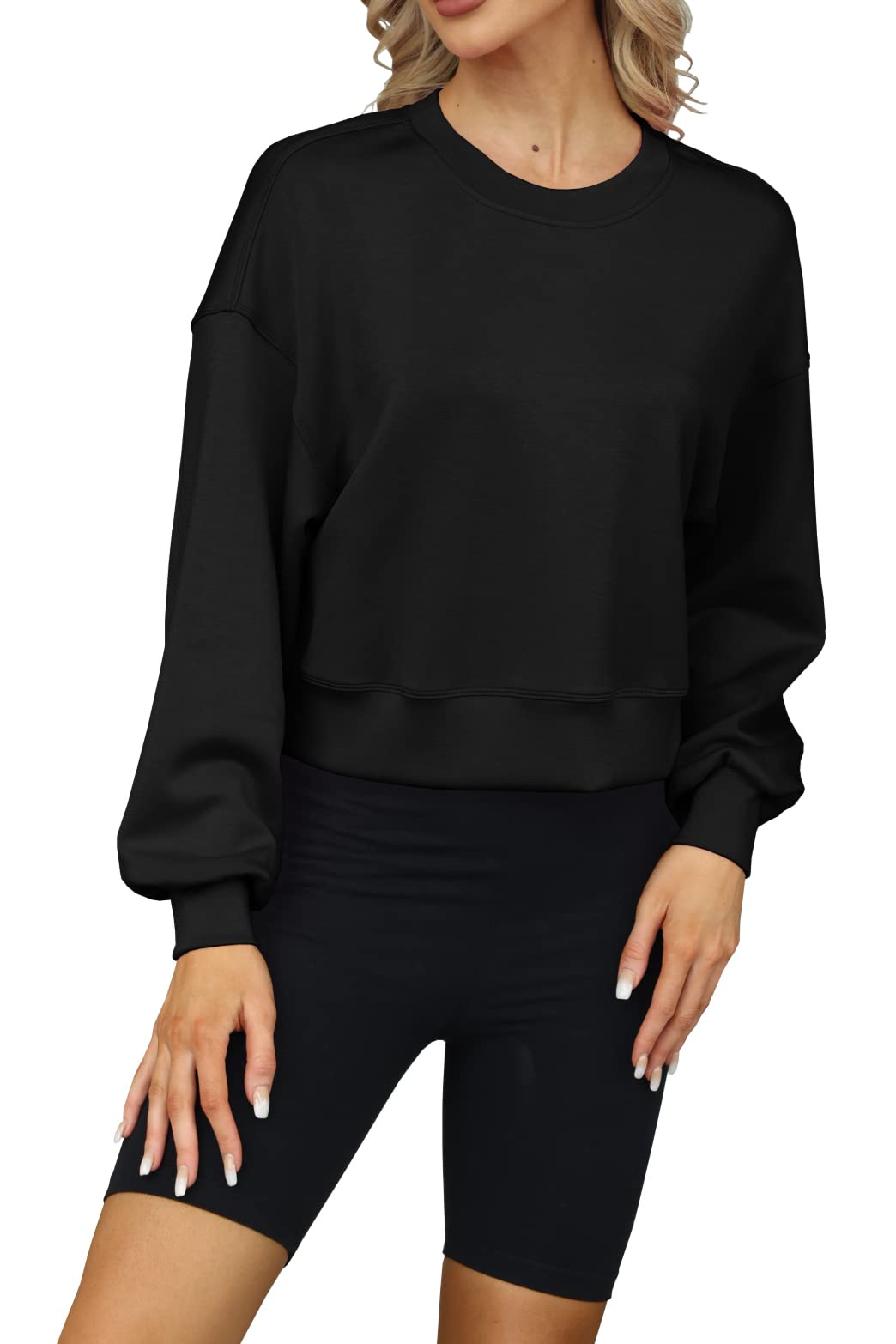 Heltapy Womens Crewneck Crop Sweatshirt Oversized Long Sleeve Tops Athletic Workout Pullover Black