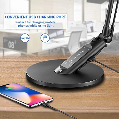 HDTIME Desk LED Lamp with USB Charging Port Touch-Sensitive Control with 1-Hour Timing Function,4 Lighting Modes with 7 Brightness Levels 36PCS LEDs(Black)