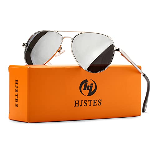 HJSTES Polarized Aviator Sunglasses for Women Men Classic Metal Shades Mirror Lens 100% UV Blocking, 58mm(Silver Frame/Silver Mirrored)