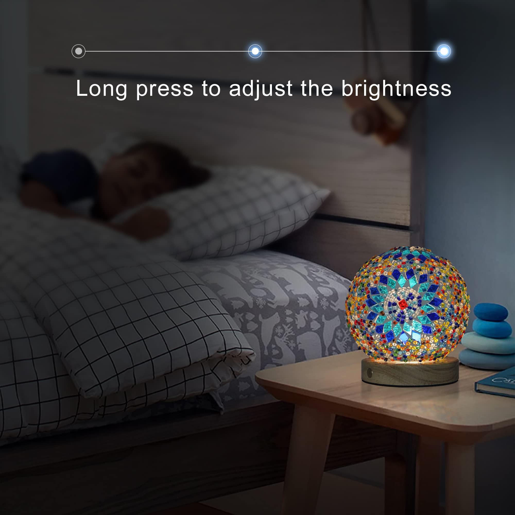 hanvate Turkish Style Handmade Night Light with Wooden BaseTurkish Table lamp with Infinitely Adjustable Brightness and USB Charging-fornightlight,Kids Room and Adult Room Bedroom Bedside Lamps