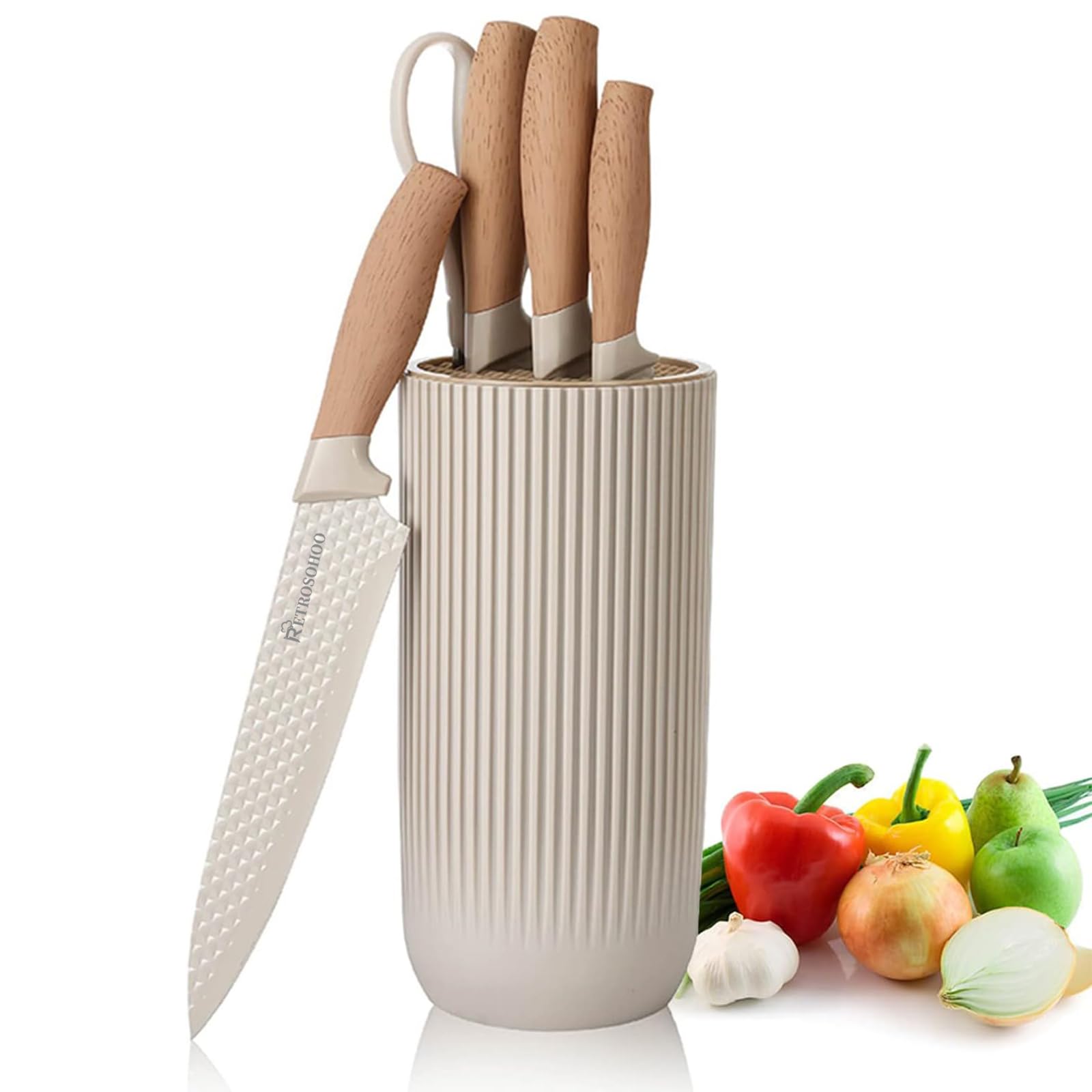 Kitchen Knife Set, Retrosohoo 5PC Yellow Stainless Steel Sharp Knife Set with Plastic Stand, Non-stick Chef Cooking Knife Set with Block for Cutting Slicing Chopping Paring (Yellow)