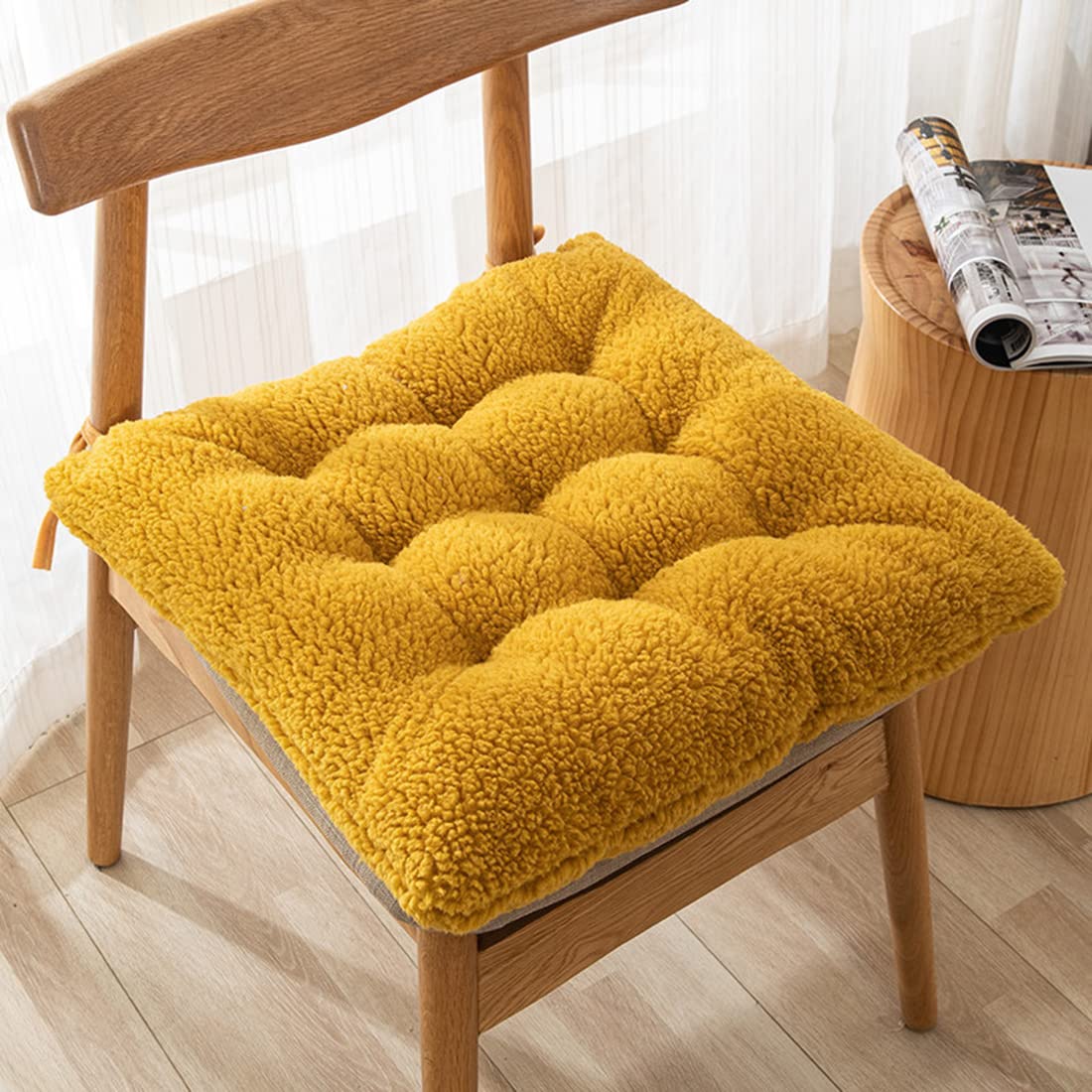 JAIJY Kitchen Chair Cushion with Ties Soft Wool Touch Seat Cushions Solid Thick Seat Pad Mat Pads Decor for Chair Office Bedroom Living Room Car (Yellow,20"x20")