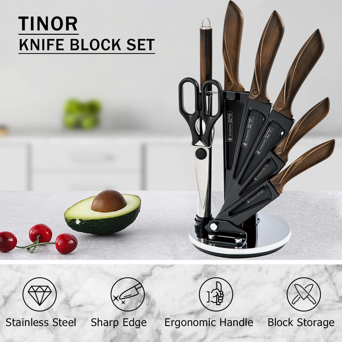Kitchen Knife Set, 8-Piece Knife Sets for kitchen with Block and Sharpener Rod, High Carbon Stainless Steel Sharp Chef Knife Block Set Black Nonstick Coating & Ergonomic Handle