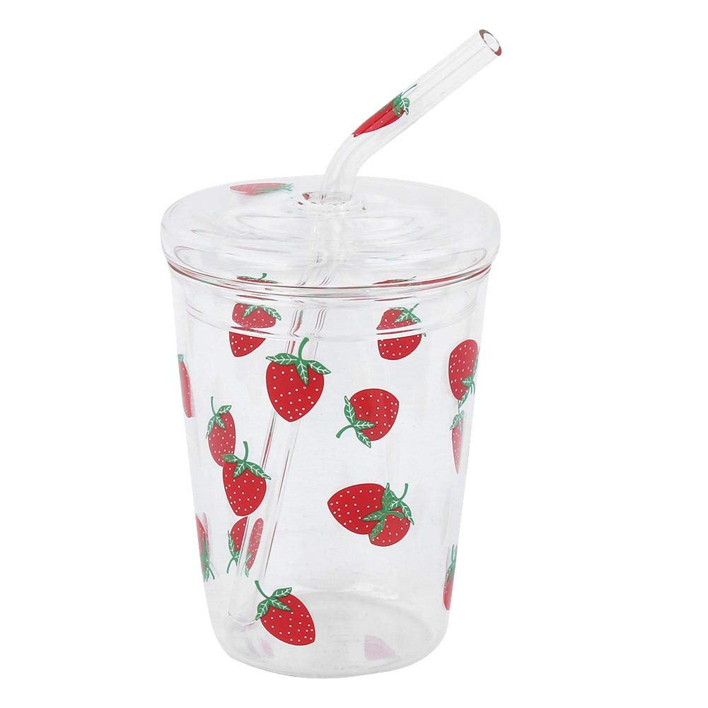 Ichiias Glass Cup Heat-Resisting Clear Strawberry Pattern Coffee Juice Drinking Water Mug with Straw Lid