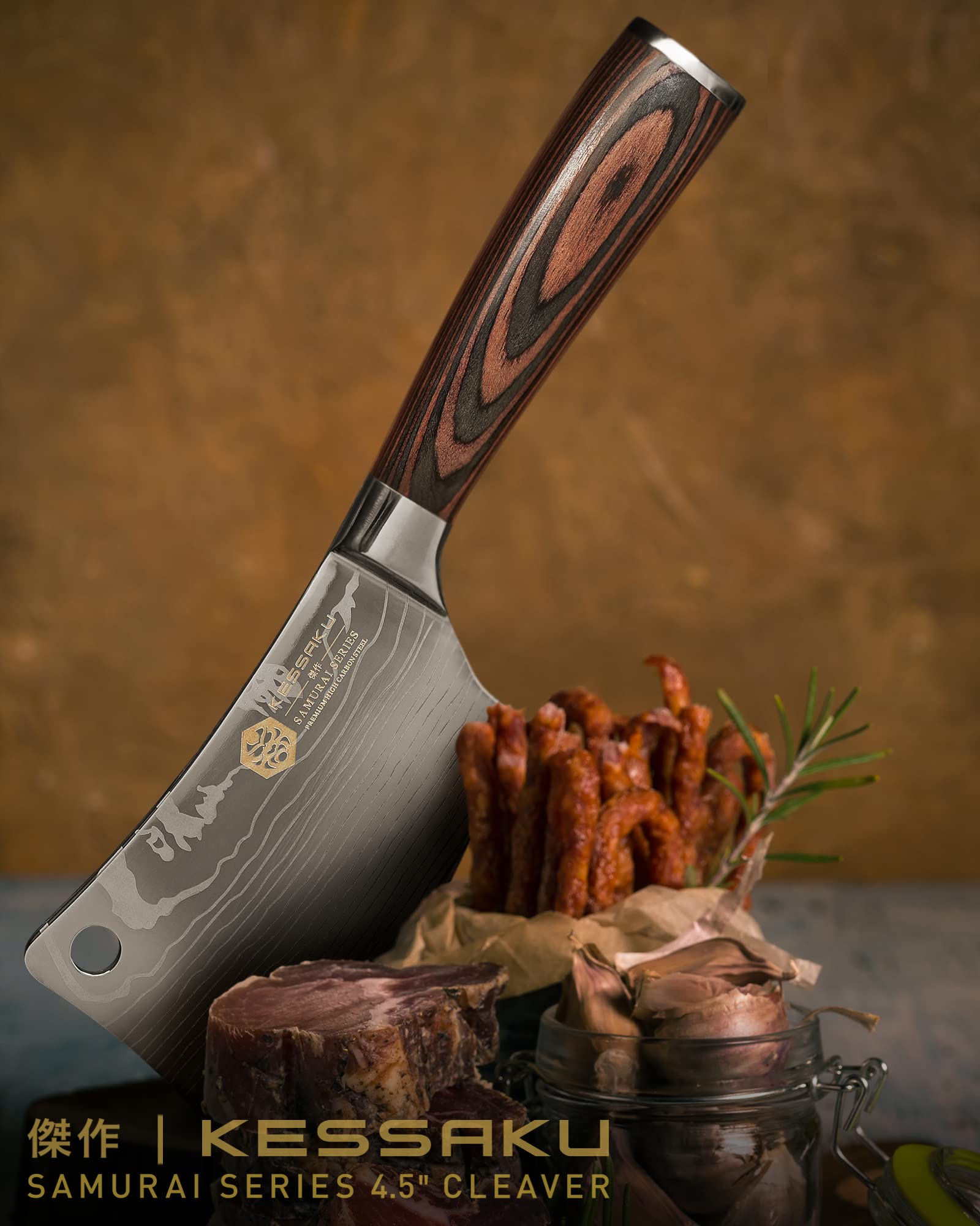 KESSAKU Mini Meat Cleaver Butcher Knife - 4.5 inch - Samurai Series - Heavy Duty - Razor Sharp Kitchen Knife - Forged 7Cr17MoV High Carbon Stainless Steel - Wood Handle with Blade Guard