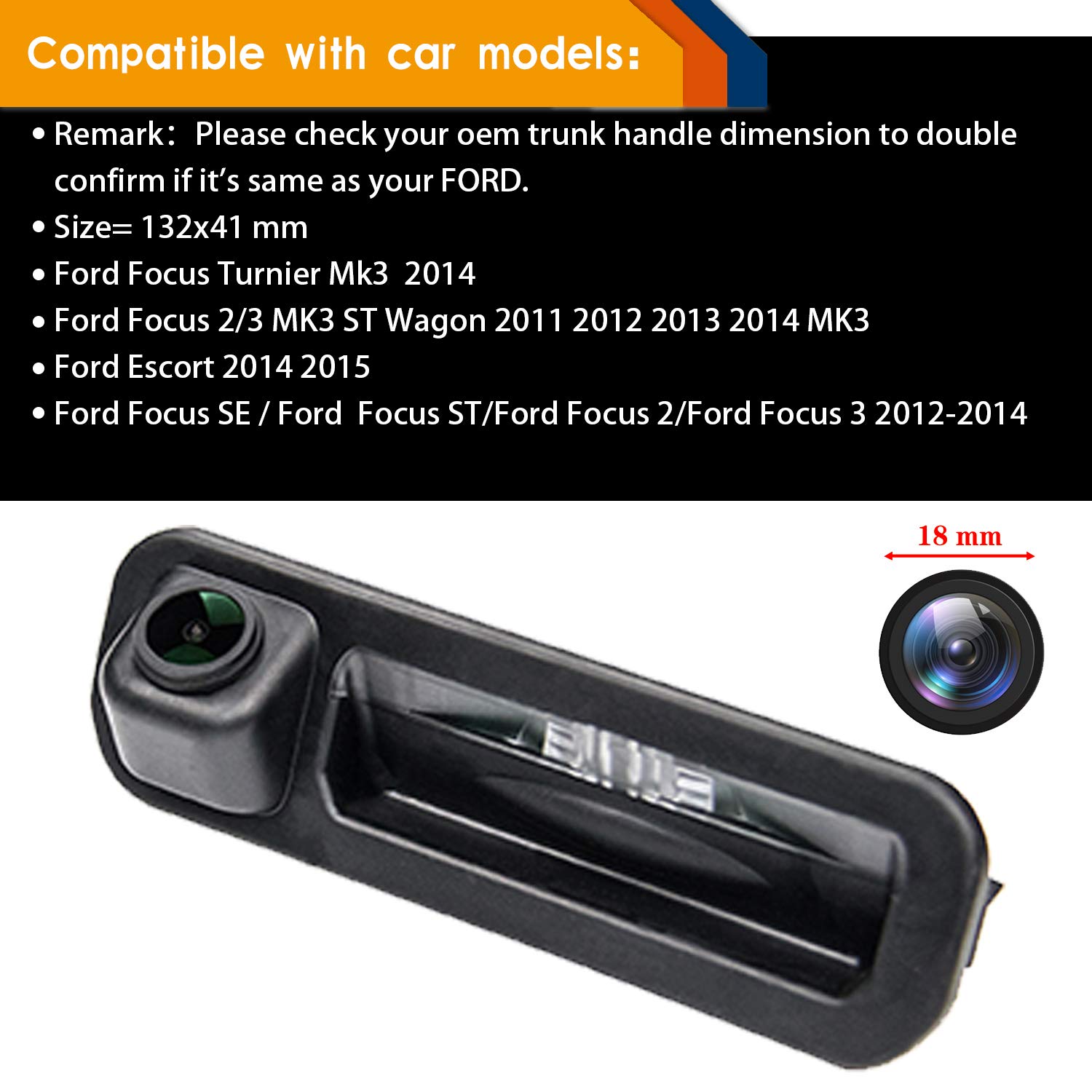 HD 1280x720p Rear Reversing Backup Camera Rearview Trunk Handle Camera Night Vision Ip68 Waterproof for Focus SE/Focus ST/Focus 2/ Focus 3/ Focus Turnier Mk3/ Escort 11-14