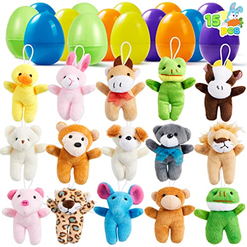 JOYIN 15 Pcs Prefilled easter eggs with Plush Animals for Kids, Filled with Mini Animal Keychain for Easter Basket Stuffers easter egg Hunt, Party Favors and Classroom Prize Supplies