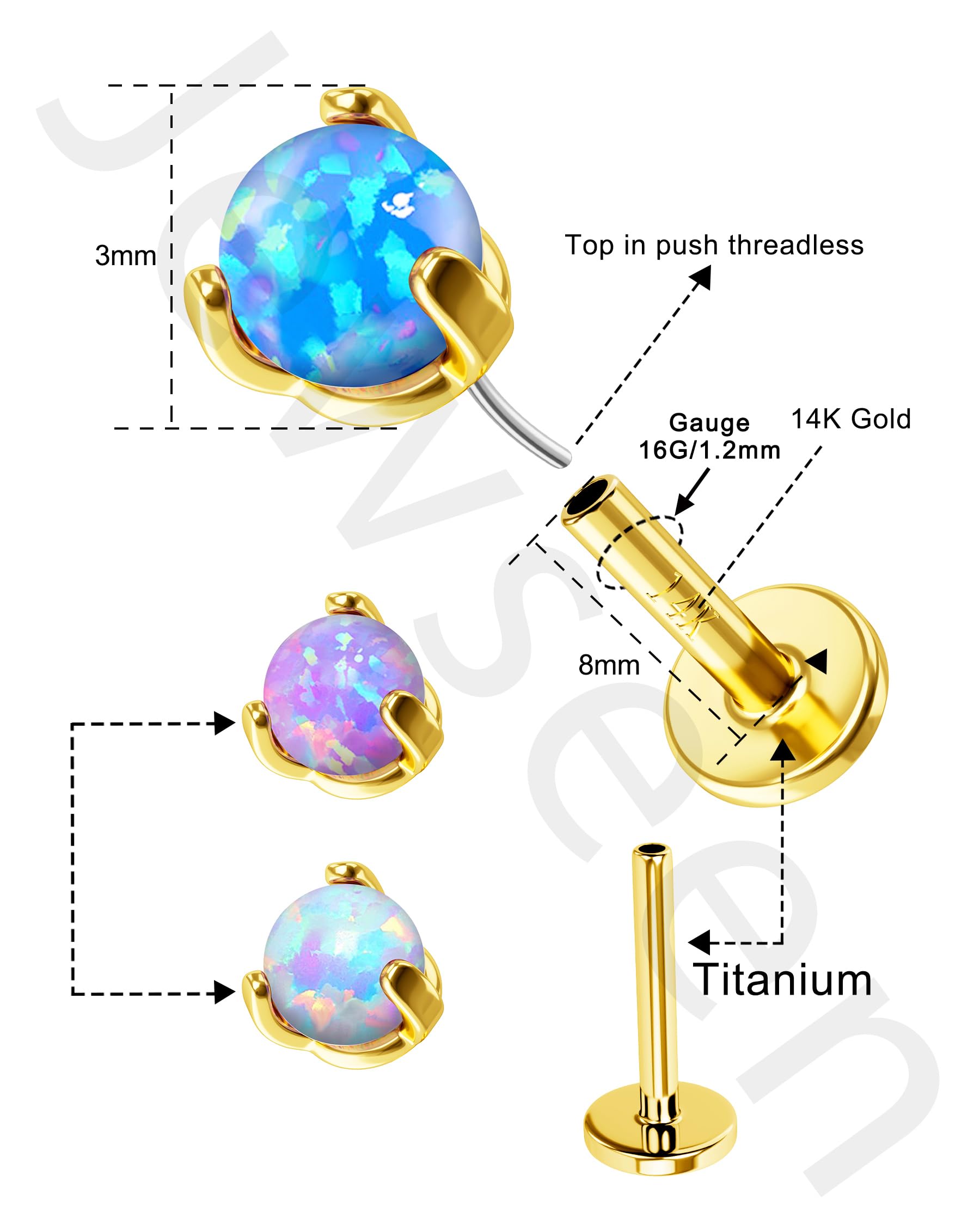 Jewseen 14K Gold Top Push in Threadless Cartilage Earring Opal Flat Back Stud Earring Nose Studs Labret Monroe Lip Piercing Jewelry G23 Titanium Helix Stud Tragus Earring Cartilage Piercing Jewelry