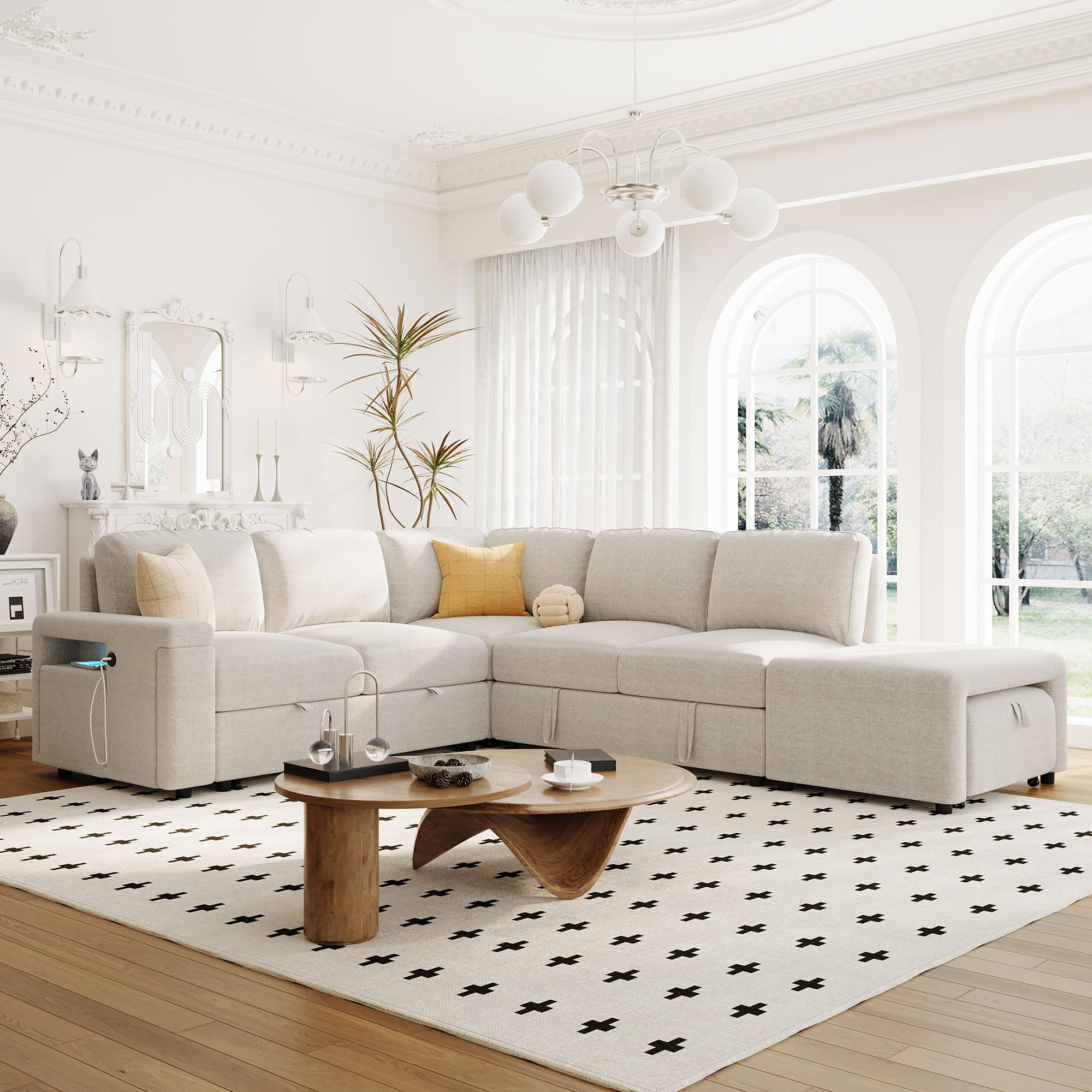 L-Shaped Corner Sectional Sofa Couch, Modern Padded Modular Sofa with Storage Space, USB Ports and Cup Holders on The Armrests, Suitable for Living Rooms, Offices, Apartments (Beige-87WD)