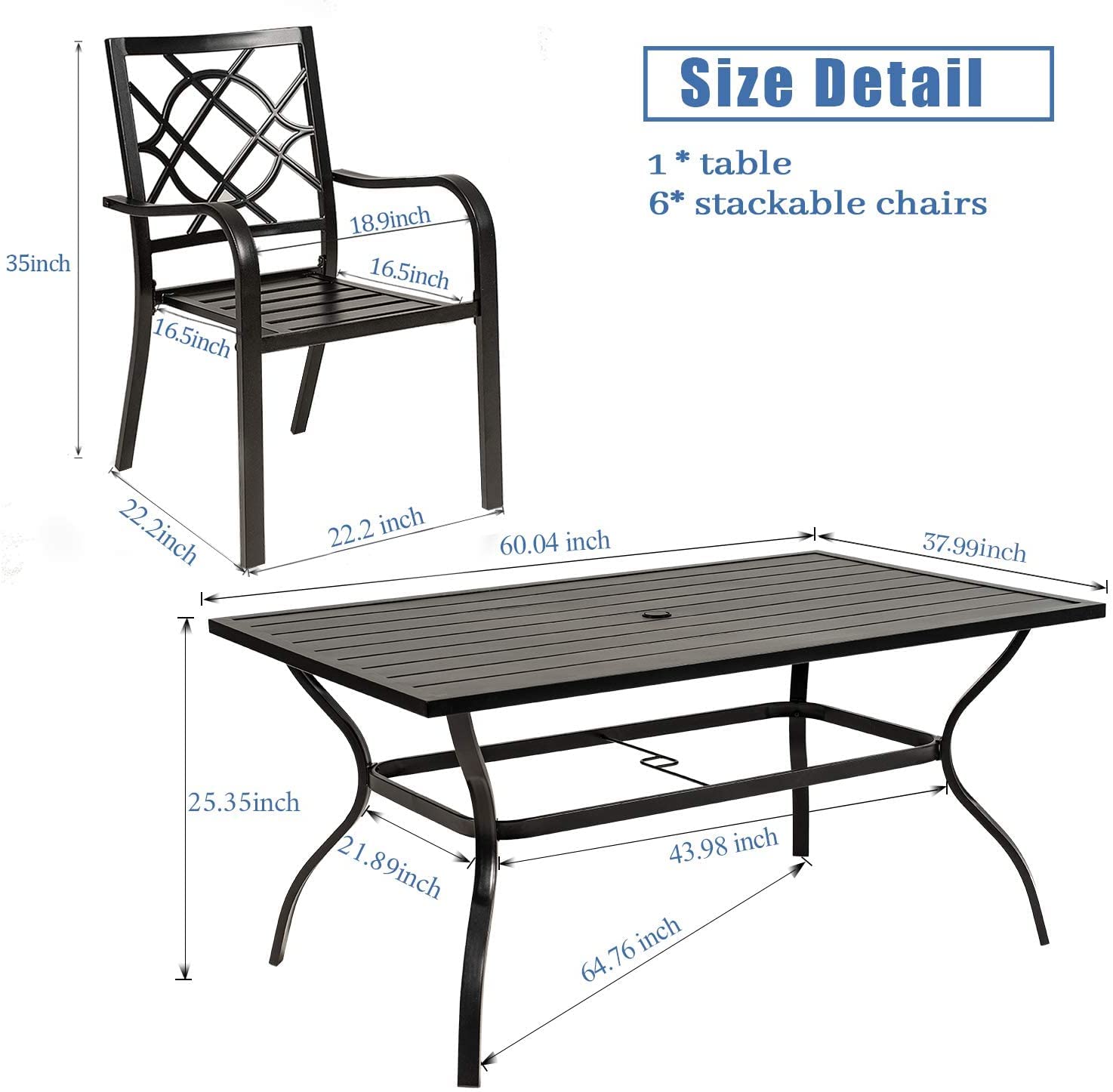 Incbruce 7 Pcs Outdoor Dining Set Wrought Iron Patio Dining Set, Dining Furniture Set (6 Dining Chair and 1 Rectangular Table with 1.57" Umbrella Hole) for Garden,Backyard(Metal Tabletop)