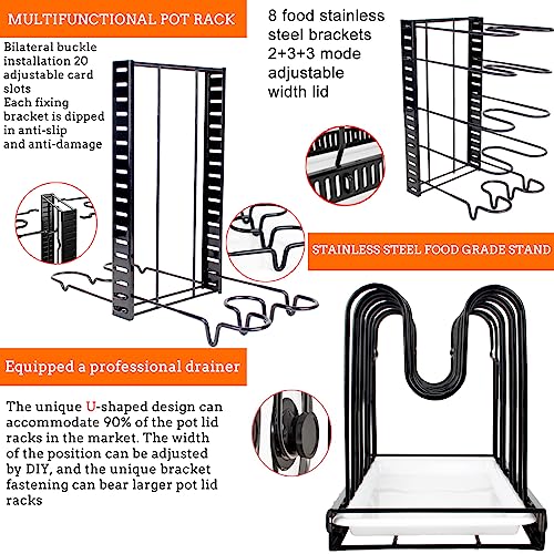 HAOWUJIN Pots And Pans Organizer for Cabinet, 8 Tiers Adjustable With Drain Tray Pan Organizer Rack for Under Cabinet, Kitchen Cookware Baking Cookie Cutting Board 3 DIY Methods Pot Lid Organizer