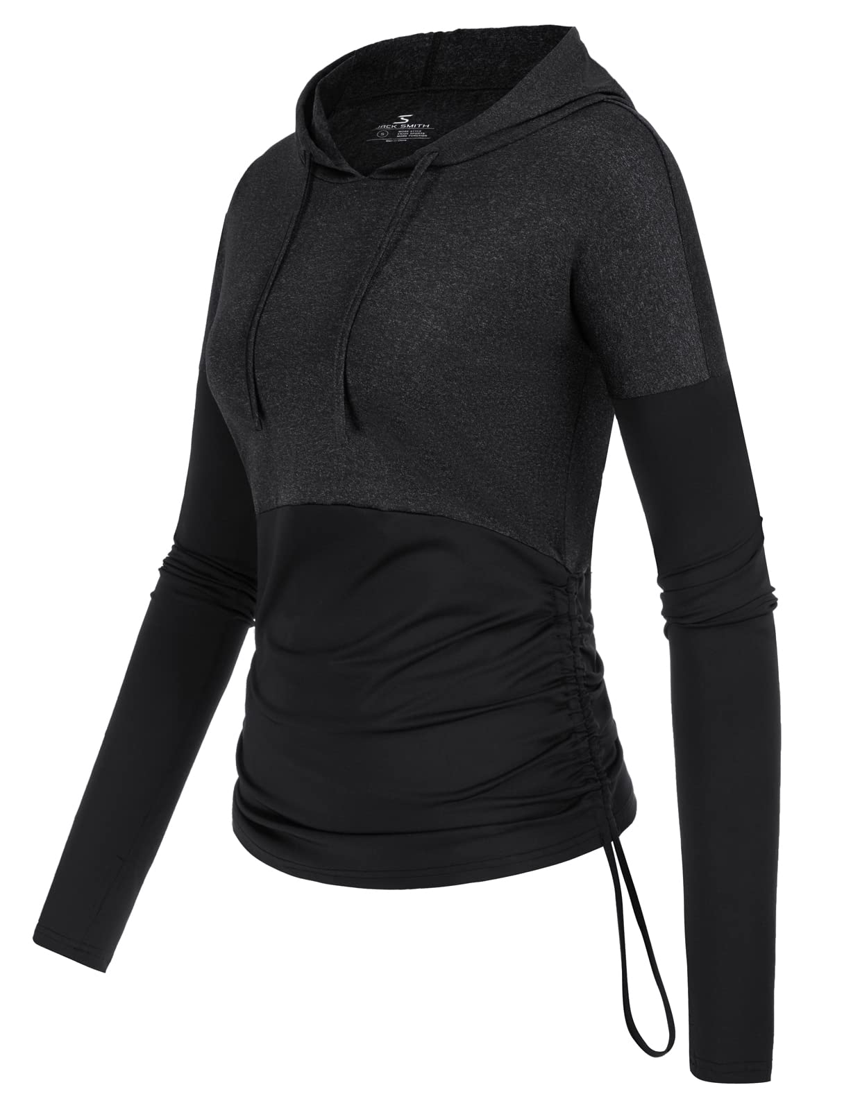 JACK SMITH Women's Quick Dry Shirts Long Sleeve for Hiking Workout UPF 50+ Lightweight Hoodie with Drawstring (Gray&Black #Thicker Fabric, S)