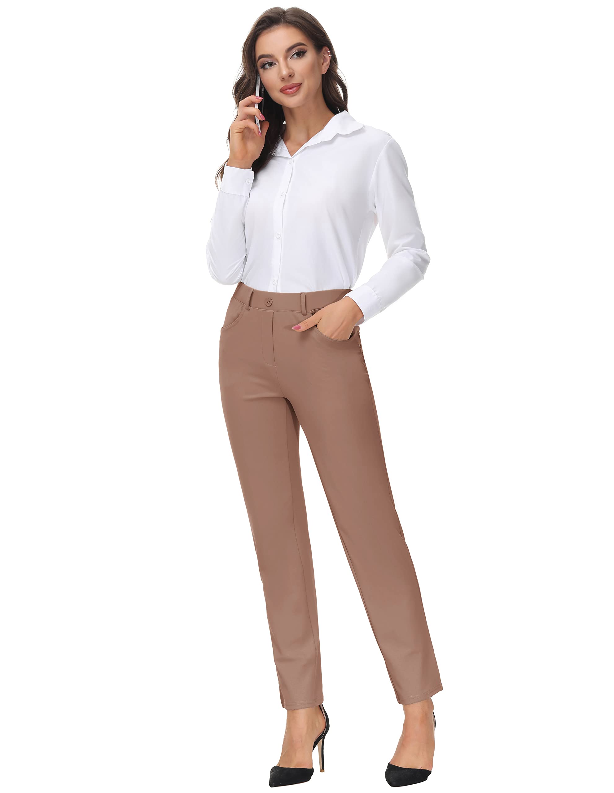 JACK SMITH Women Stretchy Straight Leg Yoga Dress Pants Elastic for Office Work Brown 2XL