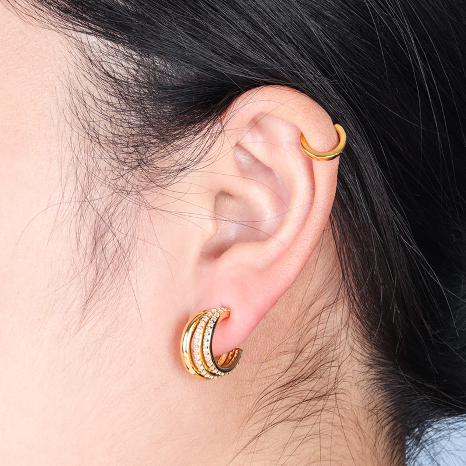Joacii Gold Plated Cubic Zircon C-Hoop Earrings Lightweight Split Treble Hoop Huggie Stud Earrings for Women