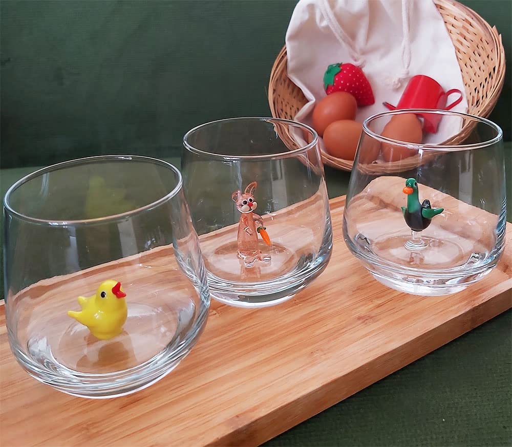 HeguSun 3D Drinking Glass Cup with Cute Chick Inside,Handmade Glass Animal Figurine,Stemless Glass for Water,Wine,Milk,Beverages, Easter Gift for Boys Girls Kids (Chick)
