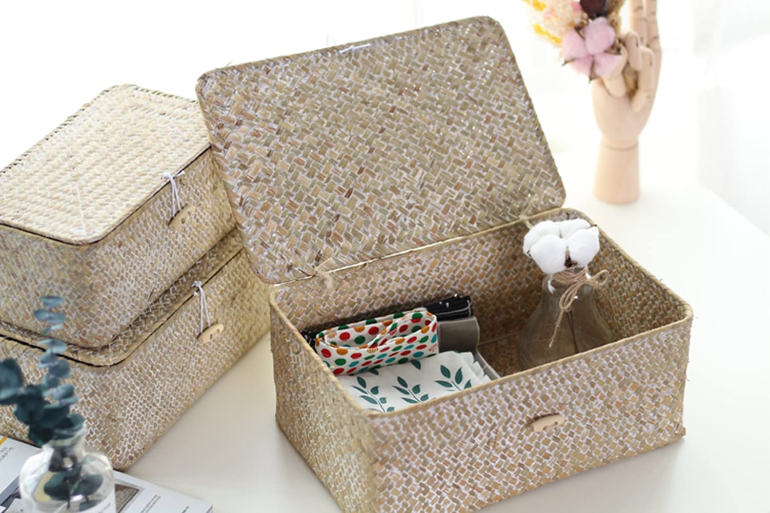 HAPYFURN Seagrass Handmade Woven Storage Basket with Lid Rectangular Natural Rattan Box for Toys Clothes Books Keys Multifunctional Makeup Organizer Set of 3 Shelf Basket