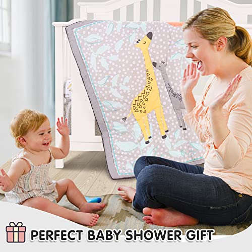 Honkaii Crib Bedding Set for Boys or Girls 3 Piece, Crib Sheet, Crib Skirt, Crib Comforter Included, Grey Crib Set for Boys, 100% Cotton Baby Nursery Bedding Decor, Jungle Giraffe Theme