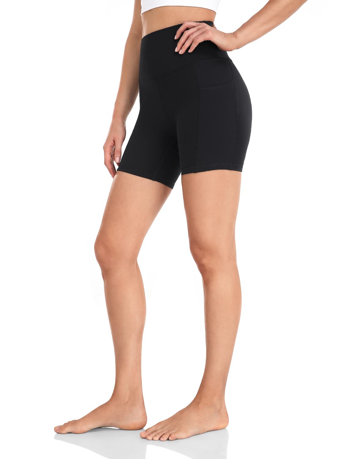 HeyNuts Women's High Waisted Biker Shorts with Side Pockets, Workout Tummy Control Yoga Leggings Running Shorts 6'' Black M(8/10)