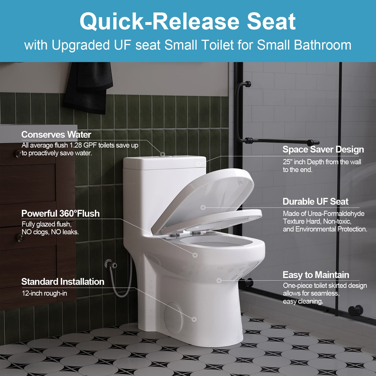 HOROW HWMT-8733U Small Compact One Piece Toilet, Power Dual Flush Toilet For Bathroom, Water Saving Toilet With Soft Closing Seat, Quick Release & UF Seat, White Toilet Bowl, 12'' Rough-in