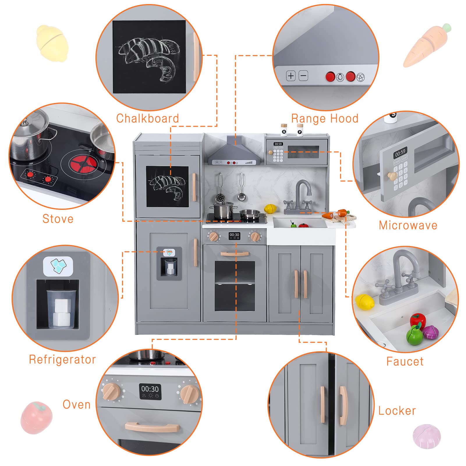 Kids Kitchen Playset, Wooden Chef Pretend Play Set with 20 PCS Cookware Accessories, Wooden Cookware Pretend with Ice Maker, Microwave, Oven, Range Hood, Sink, Real Lights & Sounds,Gray