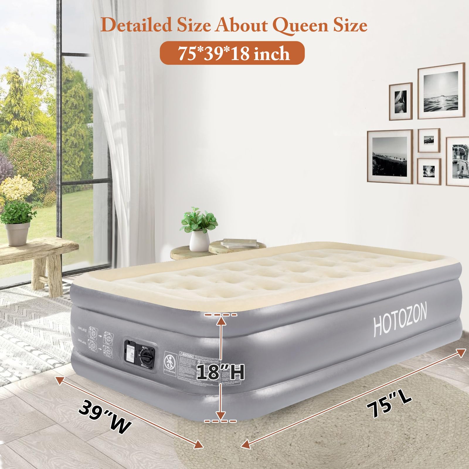 HOTOZON Twin Air Mattress with Built-in Pump, 18" Foldable Air Bed with Carry Bag, Luxury Elevated Inflatable Air Mattresses, Blow Up Airbed for Home, Camping & Guests, Grey