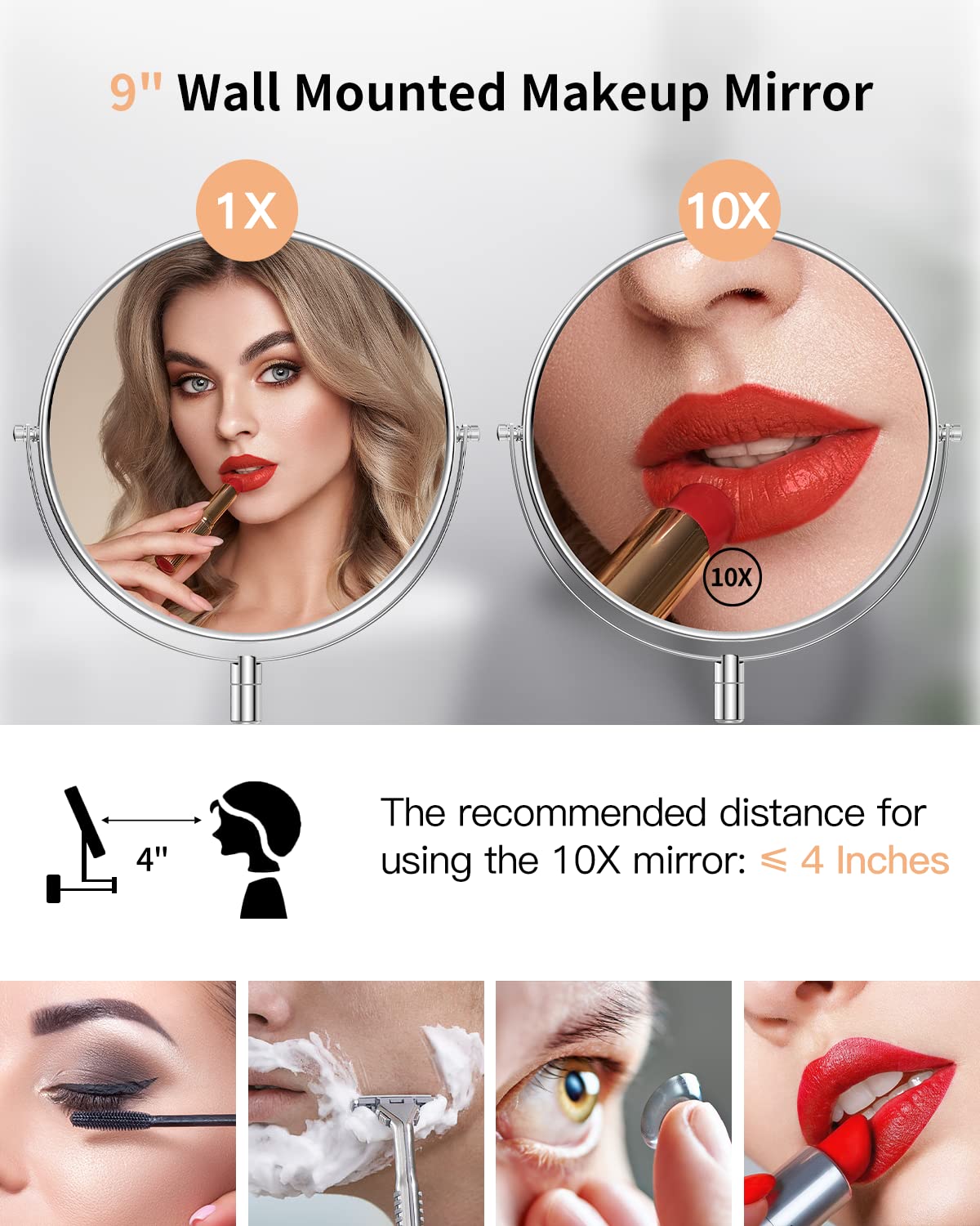 Gospire 9" Large Size Wall Mount Makeup Mirror with 1X/10X Magnification Double-Sided 360° Swivel Vanity Mirror,Chrome Polished Extendable Shaving Bathroom Wall Cosmetic Mirror for Men and Women