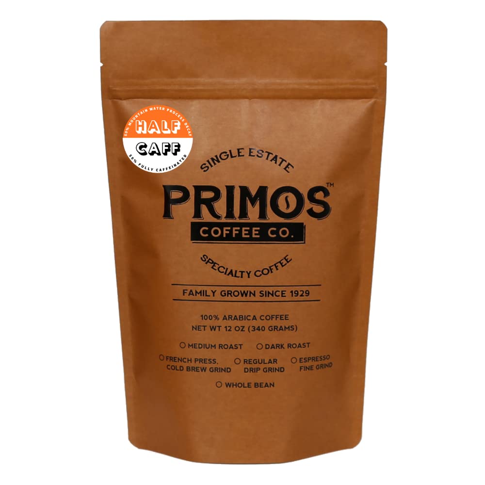 Half Caff Specialty Coffee, Dark Roast, Medium Grind for Drip Brewing, Primos Coffee Co, 12 Oz