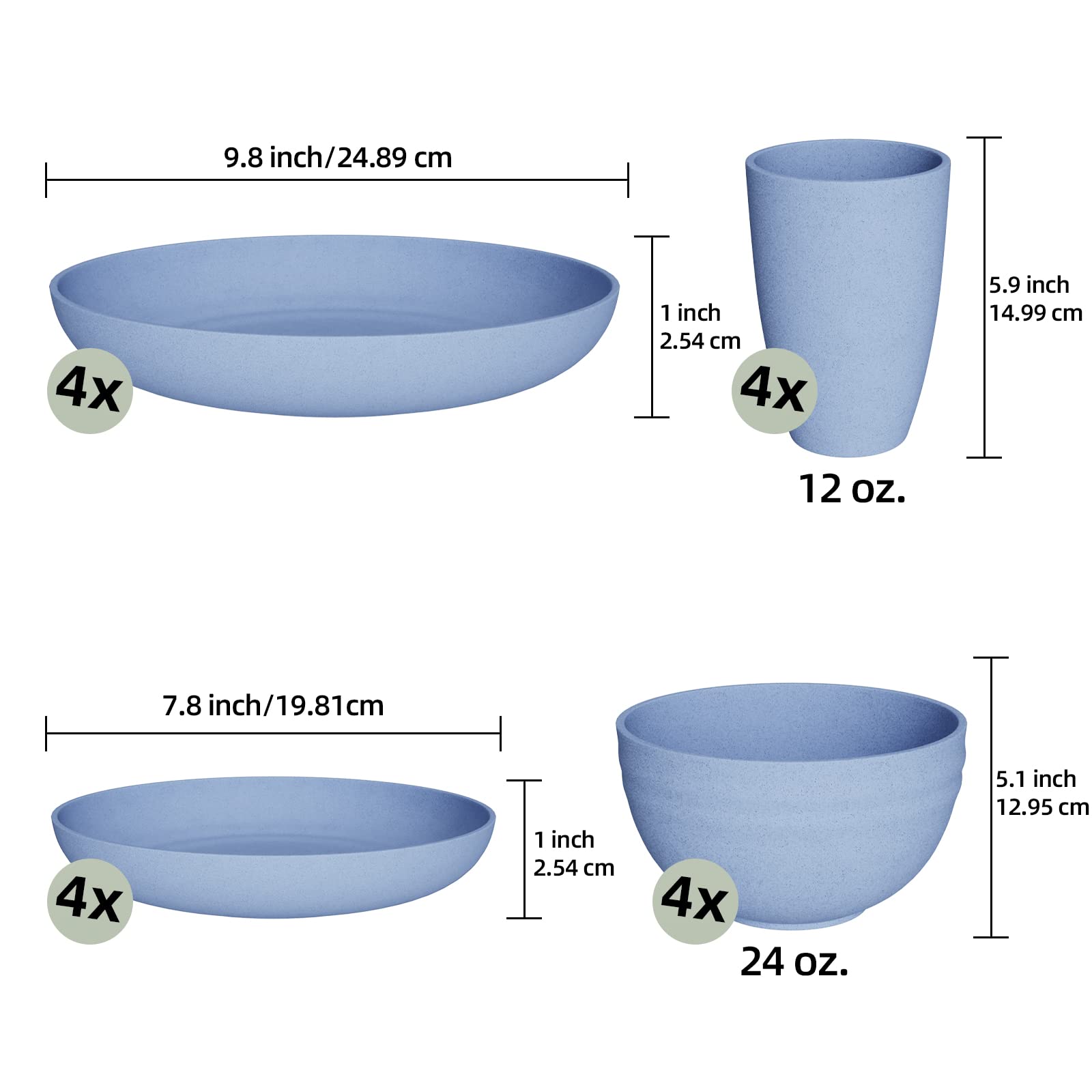 KEWOO Unbreakable Wheat Straw Dinnerware Sets of 4, 16Pcs Reusable Dinnerware Set,Lightweight Microwave Dishwasher Safe,Plates, Cups, Bowls for r Party, Picnic, Camping, Dorm (Blue)