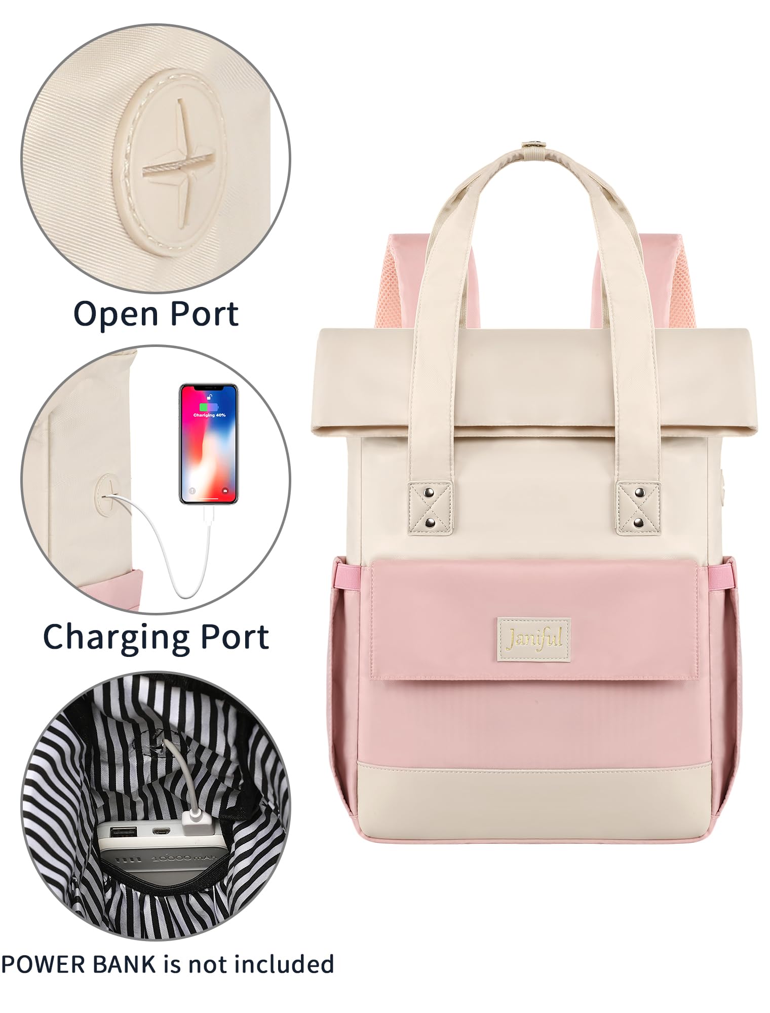 Janiful Convertible Backpack Tote,Work backpack for Women,Teacher Nurse Tote Backpack with USB Charging Port,Anti Theft for Travel Airline,Wide Top Open Bookbag fits 15.6 Inch Laptop