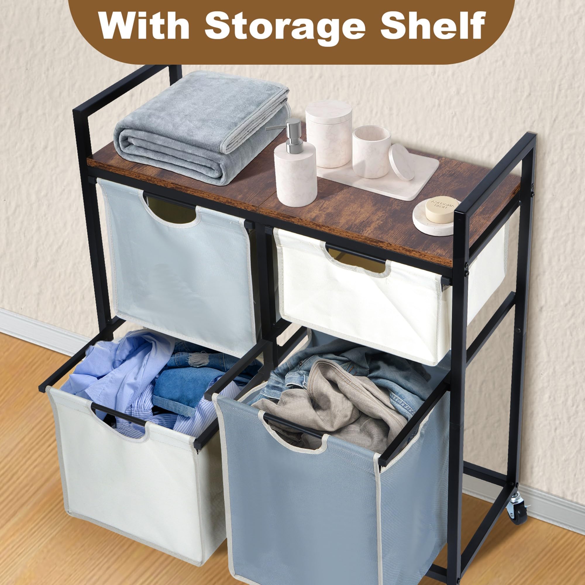 Nisorpa Rolling Laundry Hamper with Shelf, 4 Removable & Pull-Out Hamper Bags, 31 Gal (119L) Laundry Basket Organizerand, Large Laundry Sorter Clothes Hamper for Bathroom Laundry Room Organization