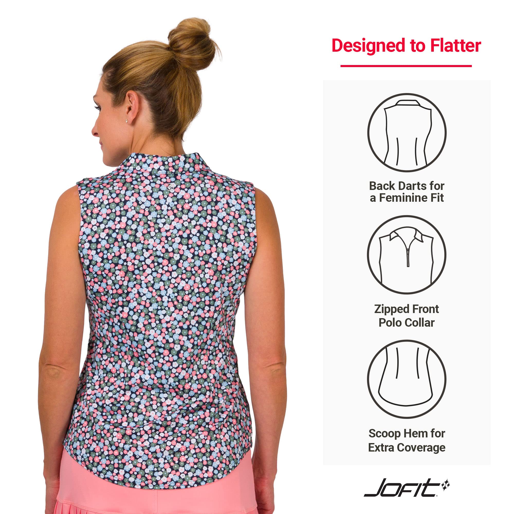 Jofit Apparel Women's Athletic Clothing Sleeveless Polo for Golf & Tennis, Size X-Large, Ditsy Floral Print