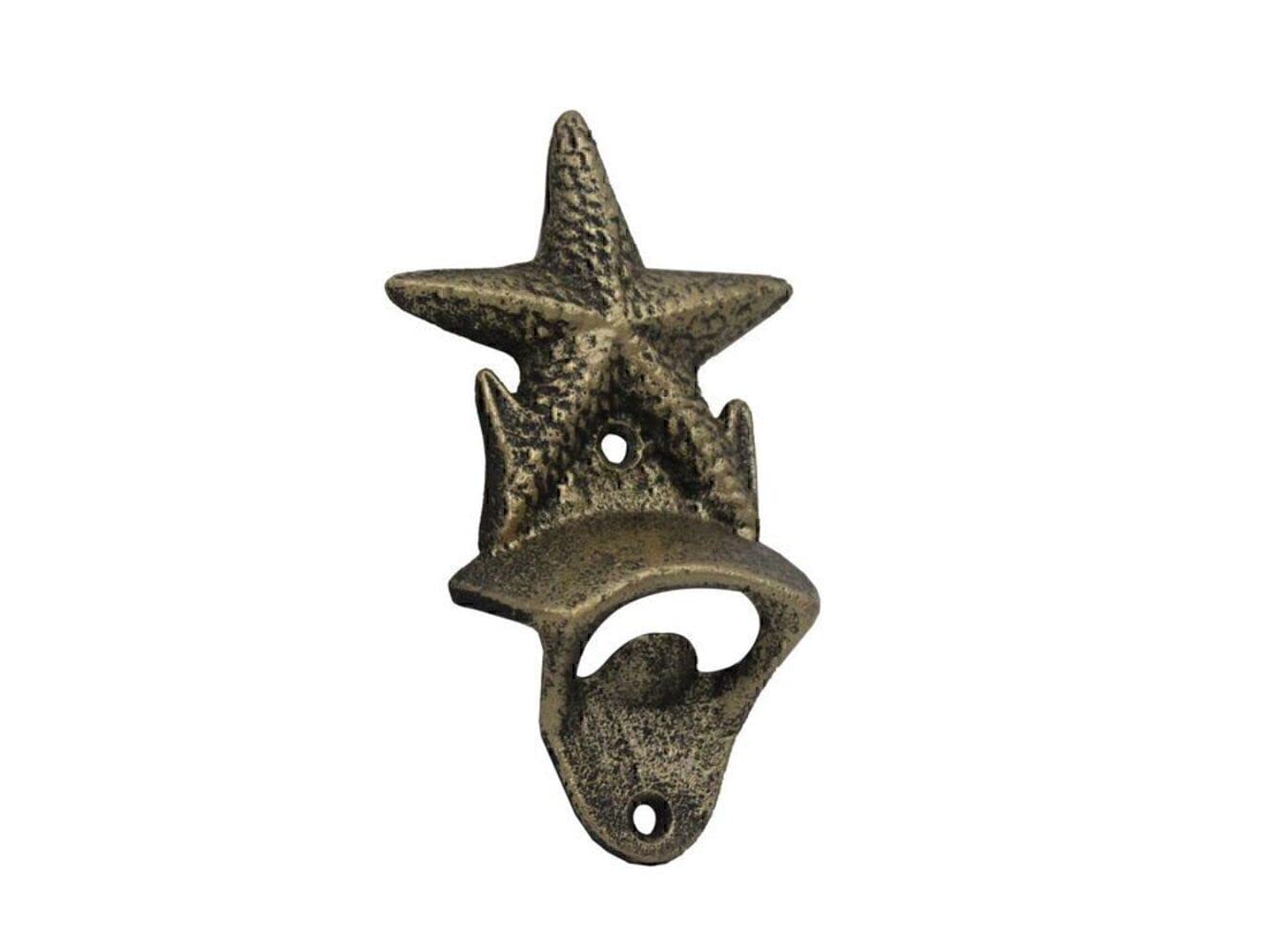 Hampton Nautical Rustic Gold Cast Iron Wall Mounted Starfish Bottle Opener 6" - Starfish Decoration - Starfish Wall Decor