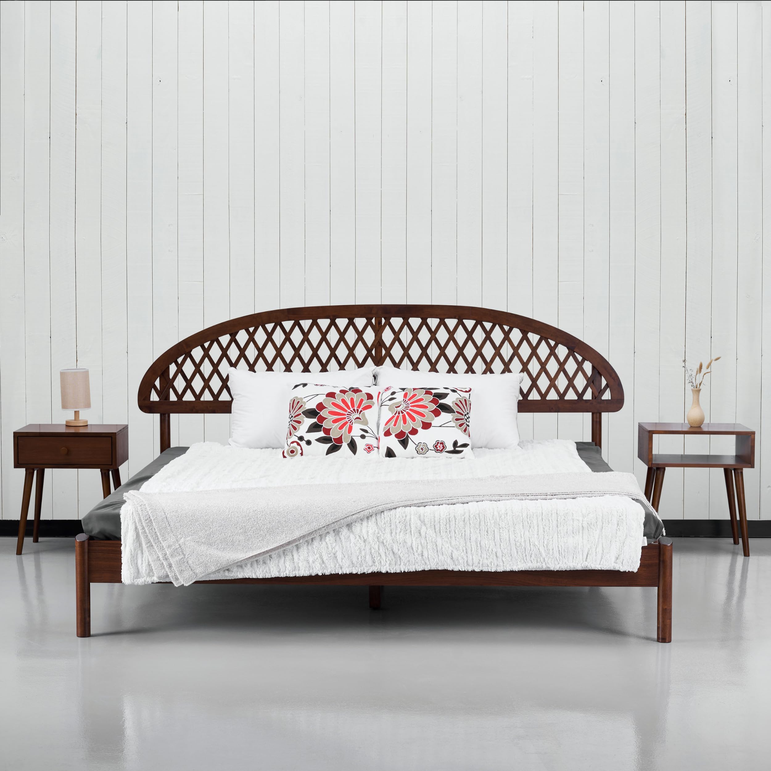 NTC Gem Wooden Bed Frame with Headboard and Natural Rattan, Solid Oak Foundation with Silent Slats, 1000 Lb Capacity, Effortless Assembly, King - Burnt Black