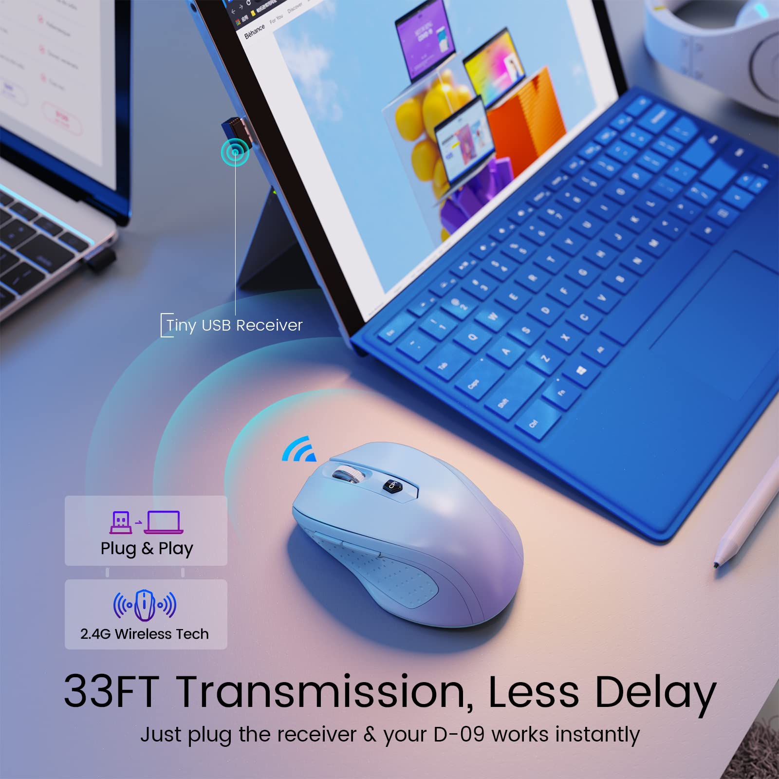 HOTWEEMS Wireless Mouse, D-09 Computer Mouse USB Cordless Mice for Laptop, Ergo Grips, Lightspeed 5-Level 2400 DPI, 16 Months Battery, Portable for PC Mac Chromebook (Blue and Purple)