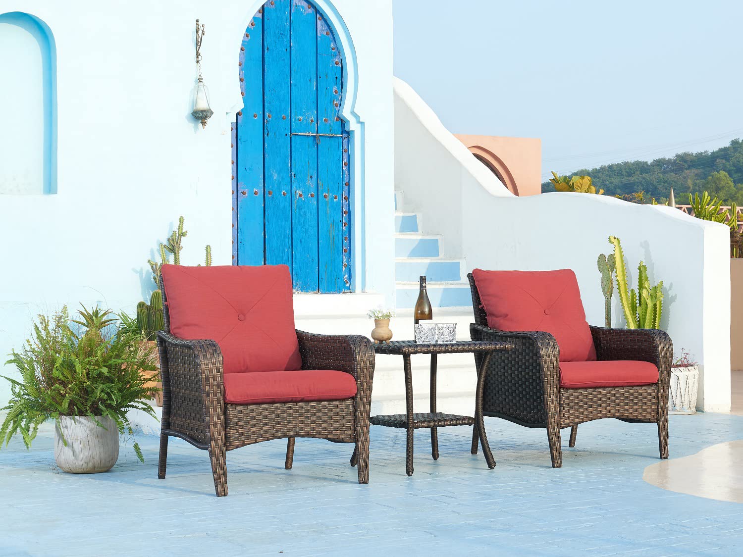 HUMMUH Outdoor Wicker Patio Chairs Set of 2 with Side Table,PE Rattan Bistro Table and Chairs for Yard Backyard Lawn Porch
