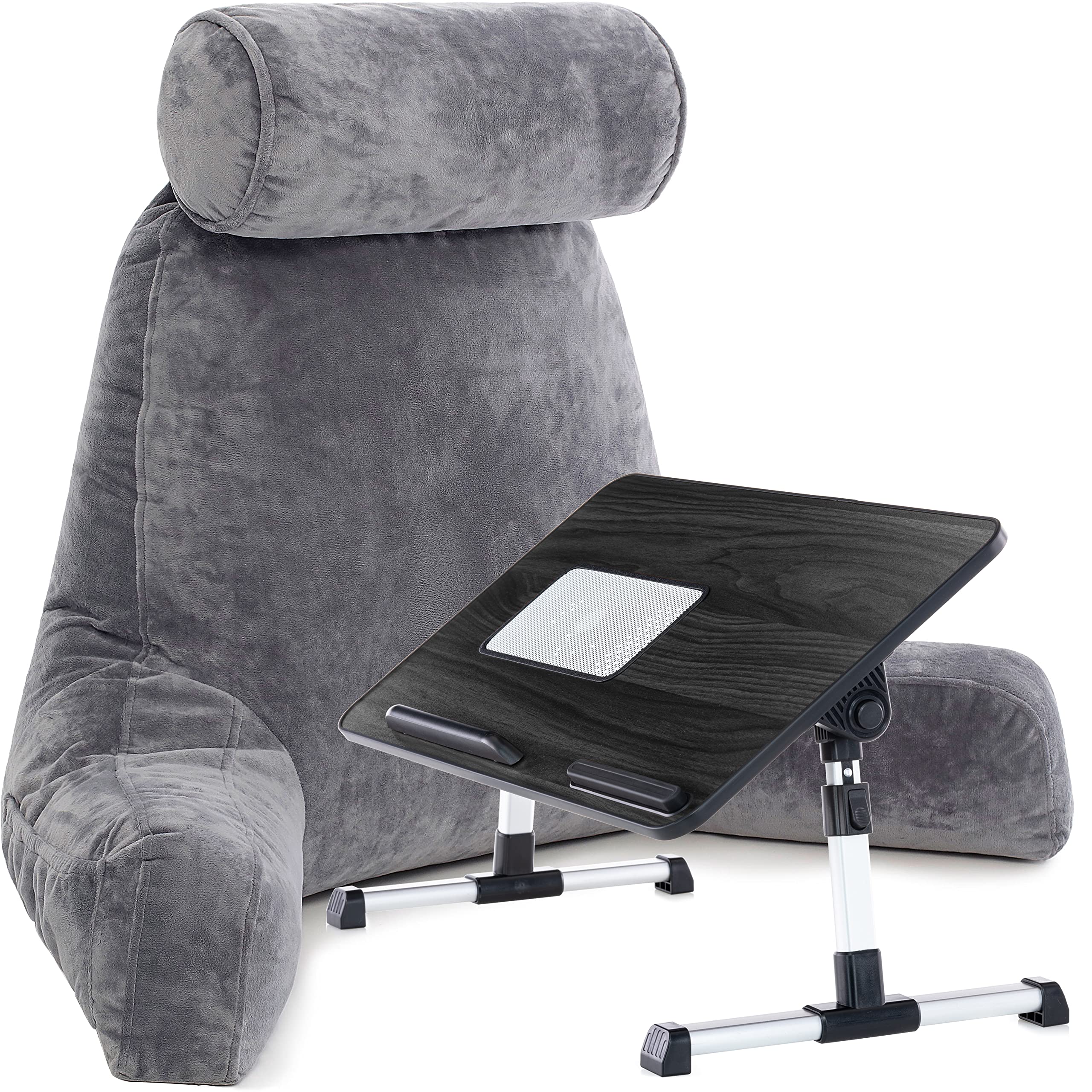 Husband Pillow Combo - Backrest Pillow with Arms : XXL Dark Grey & Lap Desk Bed Tray : Grey - Memory Foam Reading Pillows for Bed w/Removable Neck Roll & Laptop Bed Tray Table