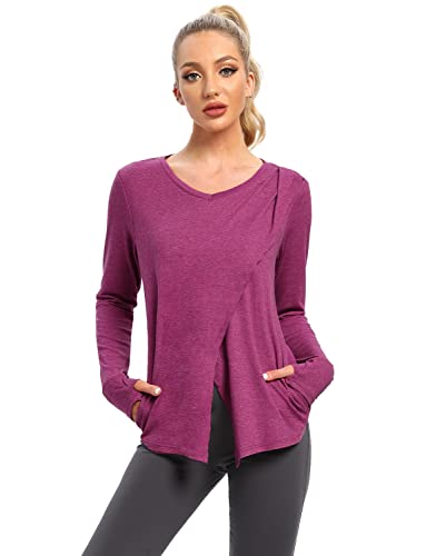 Hiverlay Long Sleeve Workout Shirts for Women V Neck Athletic with Thumbhole Pockets Running Loose Active T-Shirts Pink Large