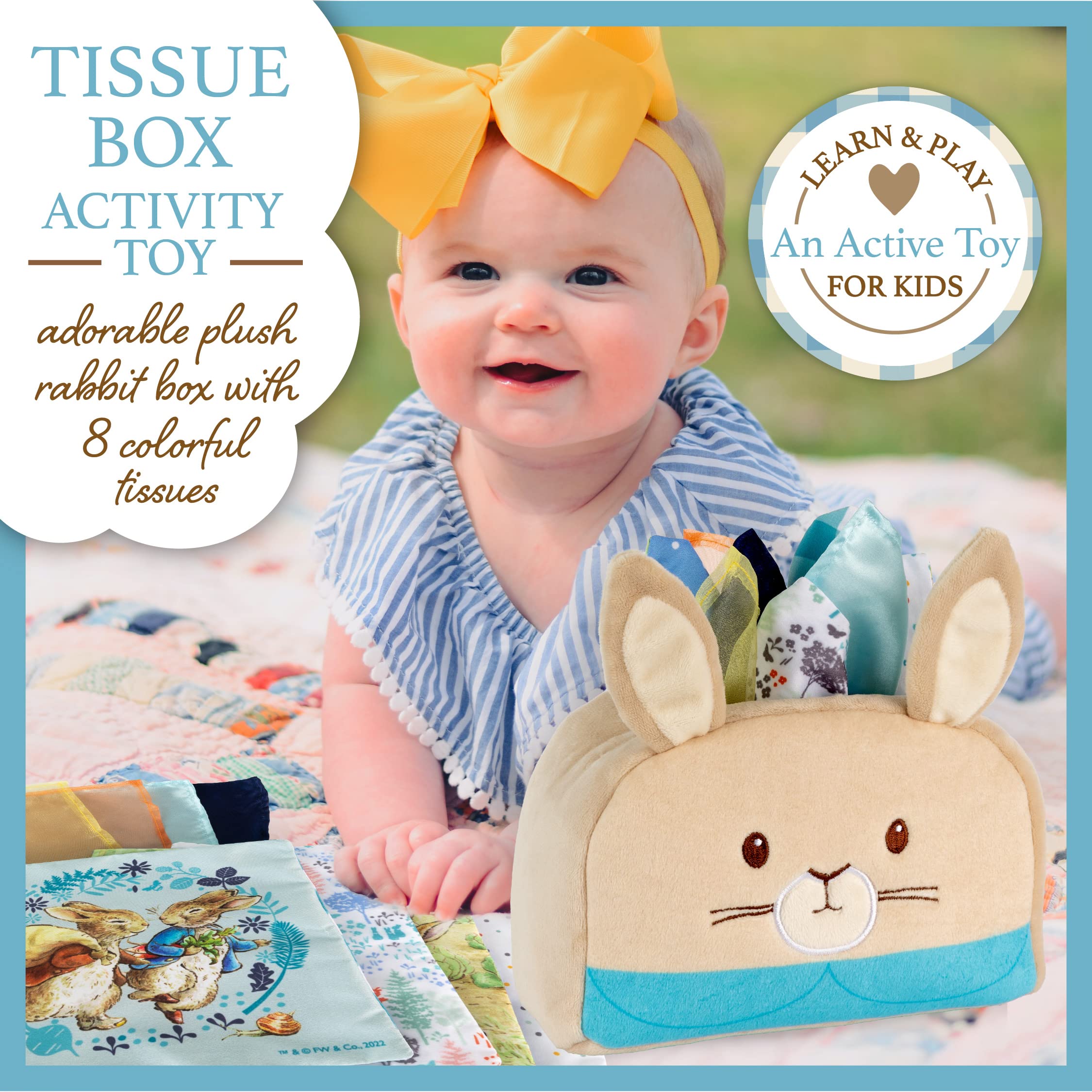 Kids Preferred Peter Rabbit Tissue Box Montessori Sensory Toy 8 Double Sided Tissues For Infants, Babies, and Kids Based on the Beatrix Potter Books