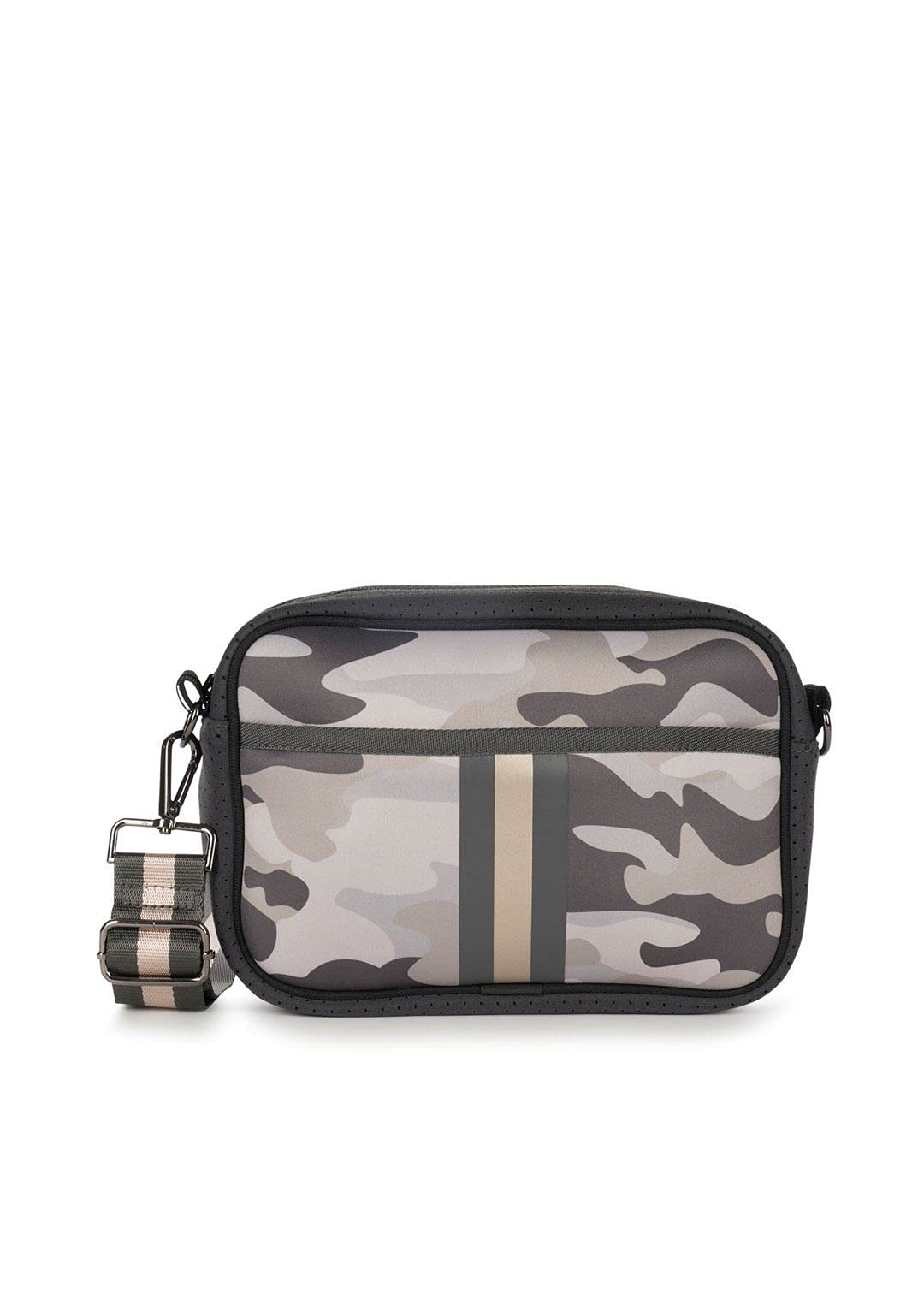 Haute Shore - Drew Safari Crossbody Tote, Taupe Camo W/Charcoal & Rosegold Stripe