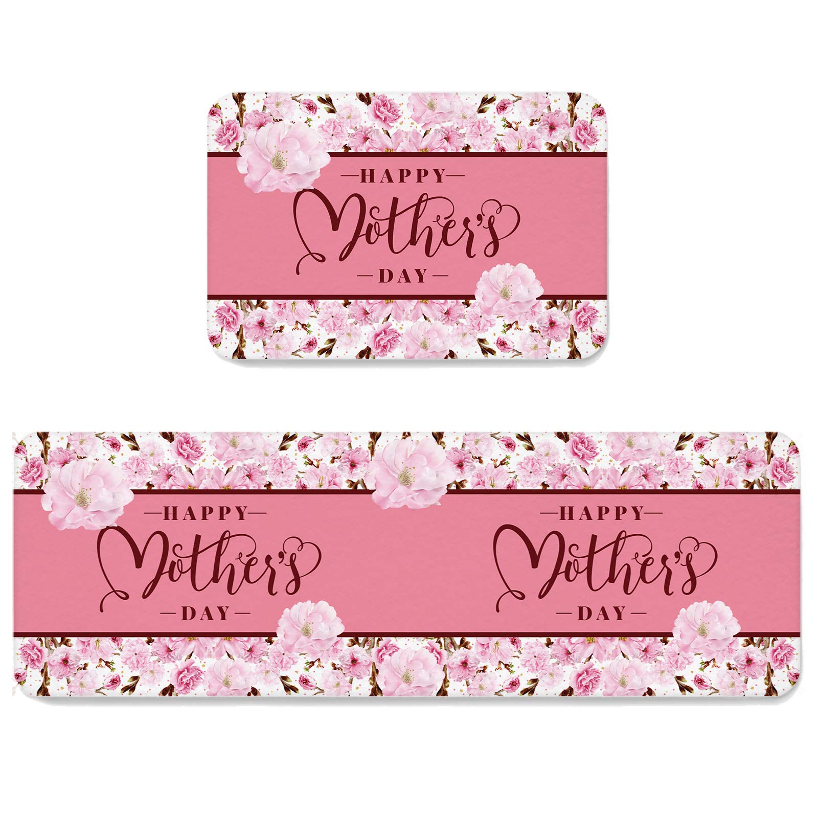 KITHOME Happy Mother's Day Kitchen Mats Sets 2 Piece, Mother's Day Spring Pink Floral Blossom Kitchen Rug Non-Slip Washable Runner Carpets for Mother's Day Decorations, 15.7" x 23.6" + 15.7" x 47.2"