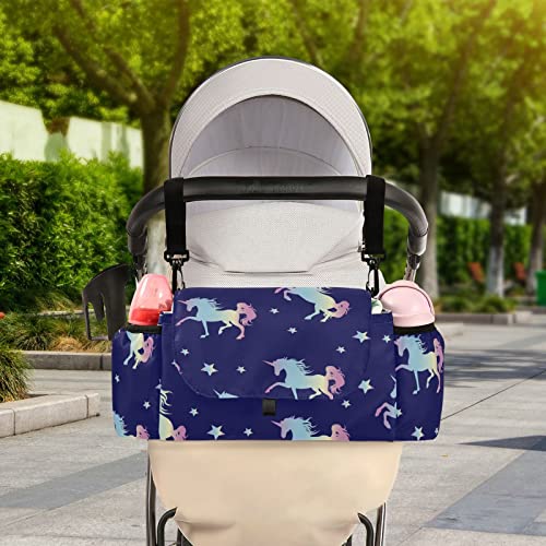 Kigai Magic Unicorn Baby Stroller Organizer with Cup Holders, Secure Hooks Accessories Adjustable Strap Stroller Bag for Bottle, Diaper, Phone, Toys, Baby Items