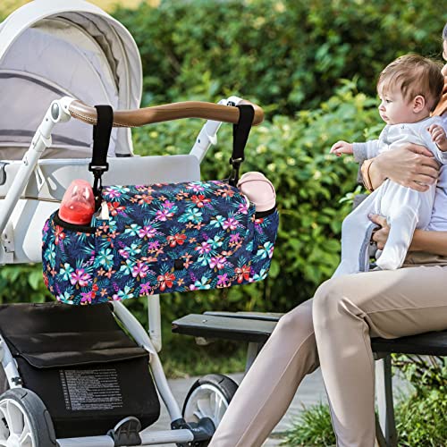 Kigai Tropical Palm Flower Baby Stroller Organizer with Cup Holders, Secure Hooks Accessories Adjustable Strap Stroller Bag for Bottle, Diaper, Phone, Toys, Baby Items